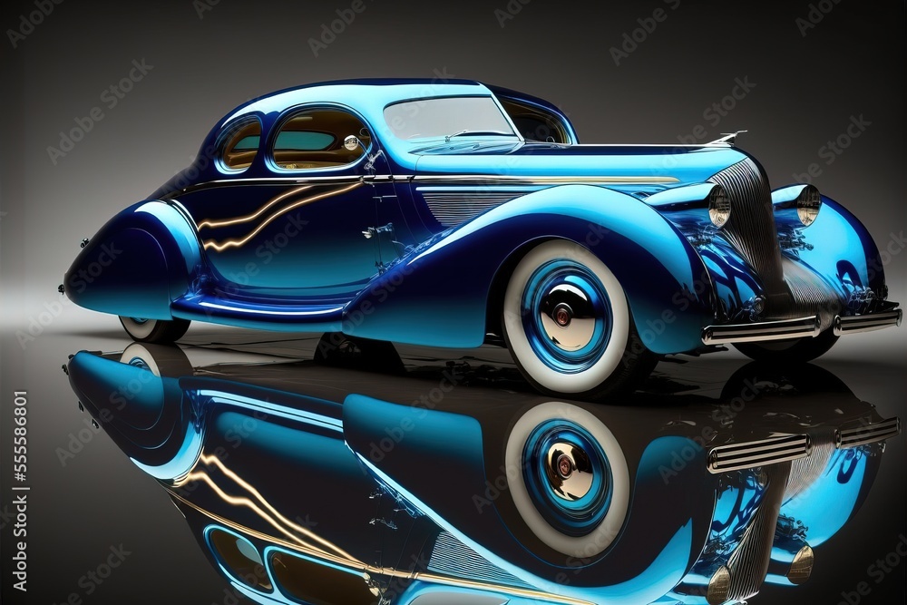 a blue car is shown in a reflective image with a black background and a ...