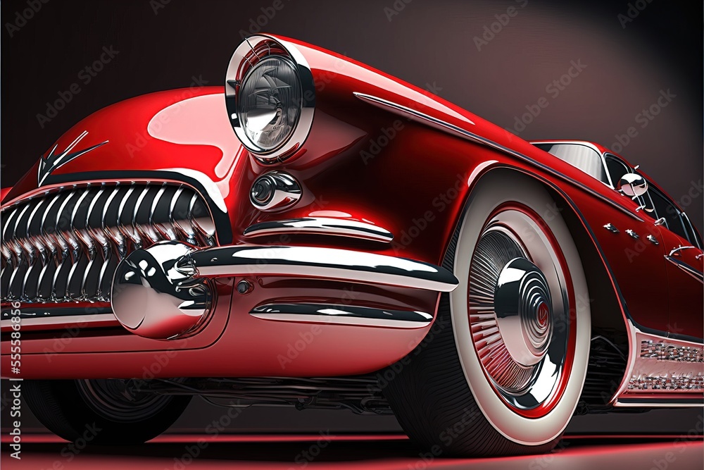 a red car with a chrome rim and a chrome hood and wheels is shown in a ...