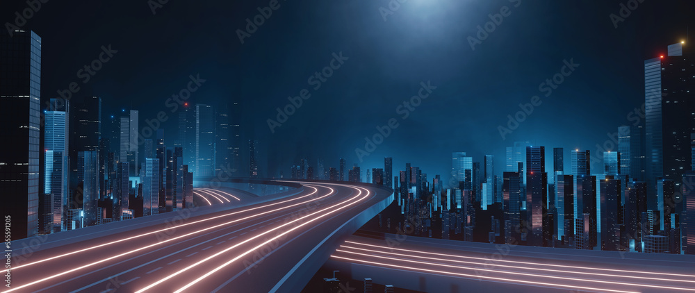3D Rendering of trail lights from highway and light reflection from ...