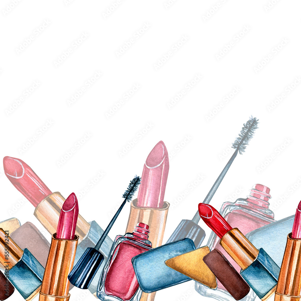 Board of makeup cosmetics watercolor isolated on white. Red lipstick ...