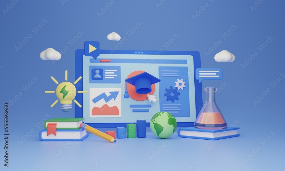 Online education course or distance learning class, 3D illustration ...