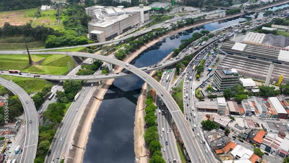 Cityscape of traffic jam at highway road landmark of Sao Paulo Brazil ...