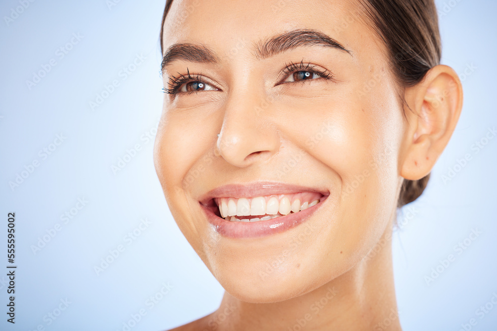 Skincare model face, smile and beauty by blue background for wellness ...