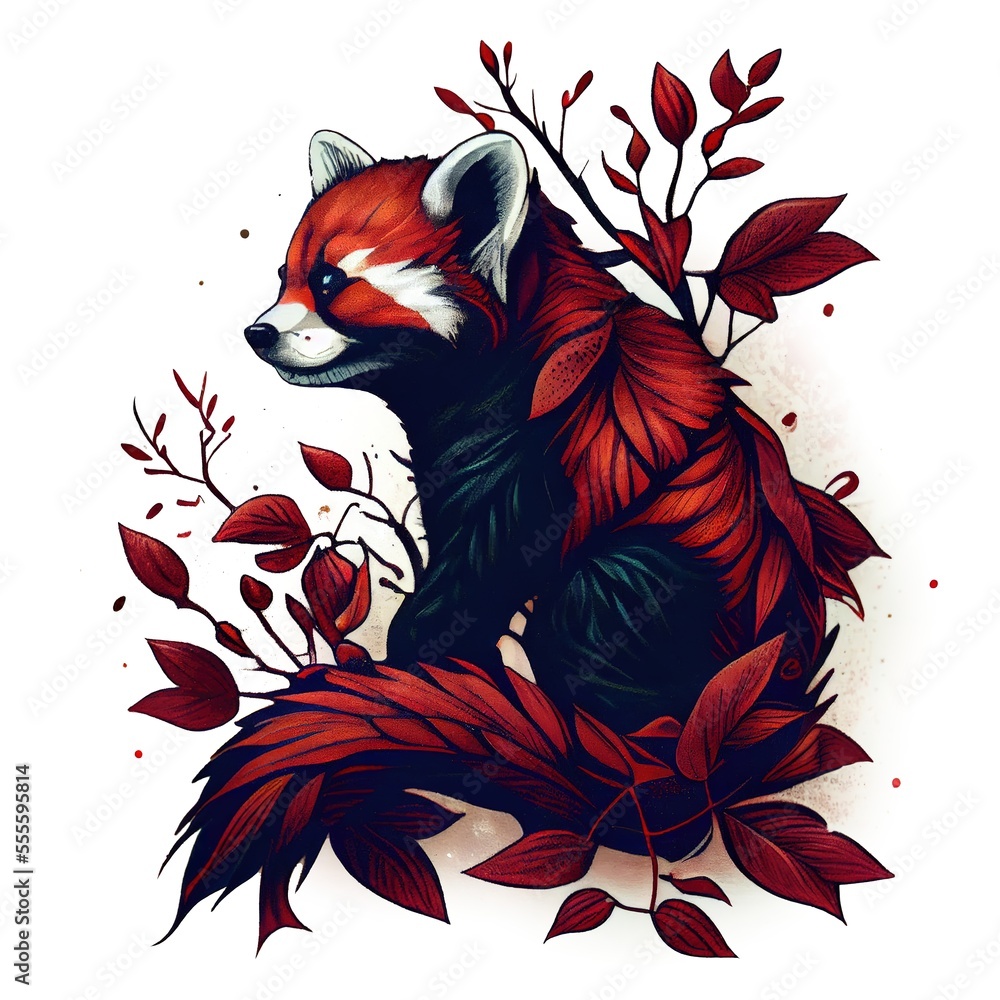 Cute red panda illustration in tattoo style. Generative art Stock ...