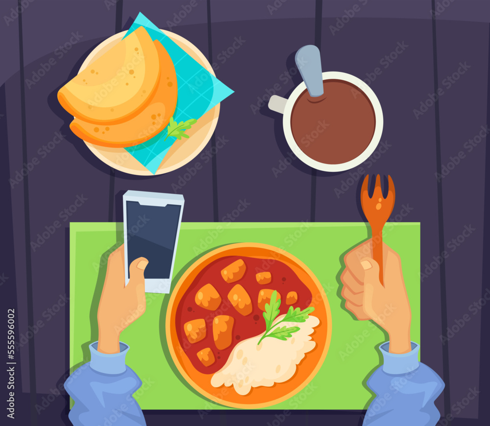 Top view of meal, hands with phone and fork vector illustration ...