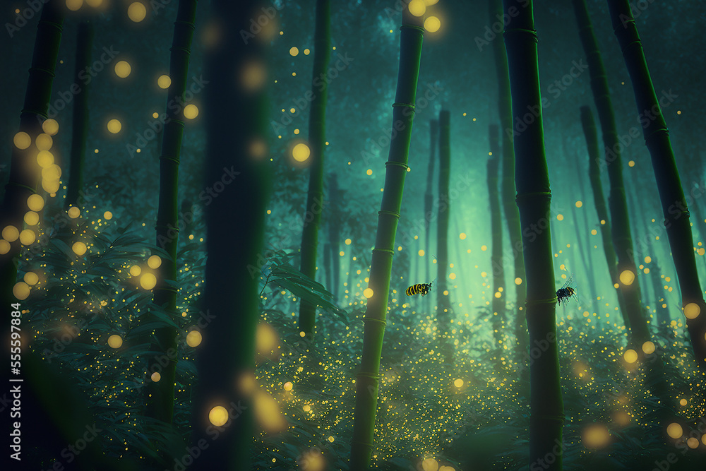 Beautiful bamboo forest at night time with beautiful fireflies lighting ...
