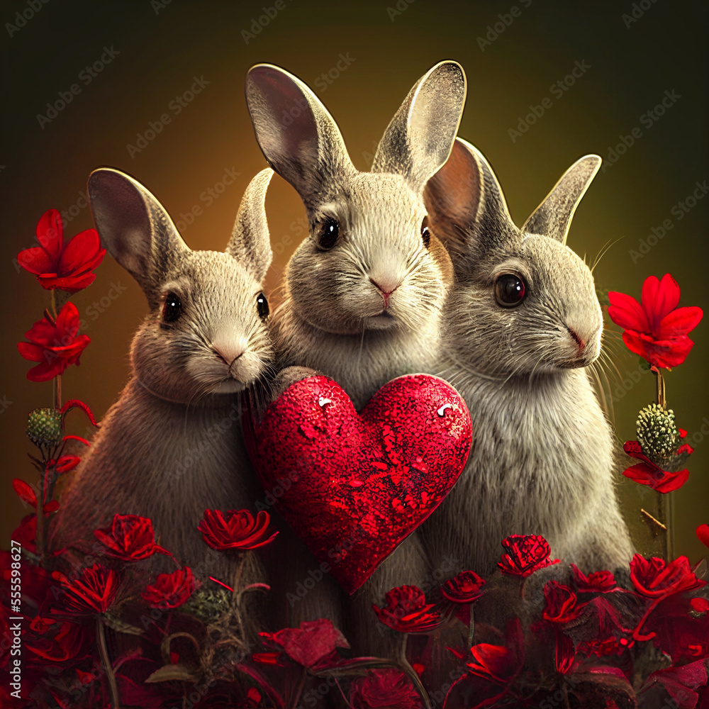 Three Cute Little Rabbits with Red Flowers and Glass Heart. Generative ...