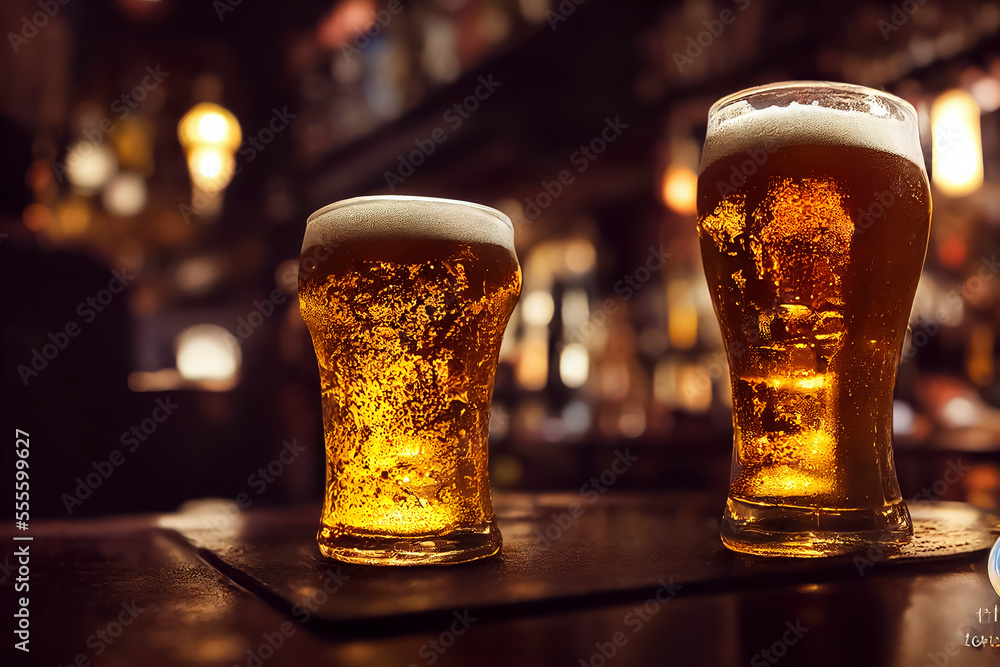 Mugs full of beer on a bar counter, dramatic lighting generative AI ...