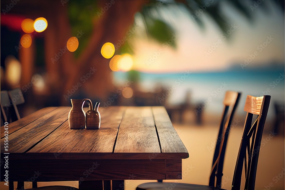 Beachside cafe, beach travel resort image of table and chairs with a ...