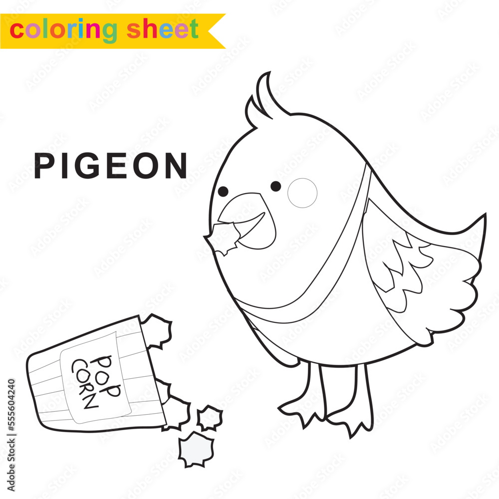 Cute farm animal coloring page. Cute and funny pigeon eating popcorn ...