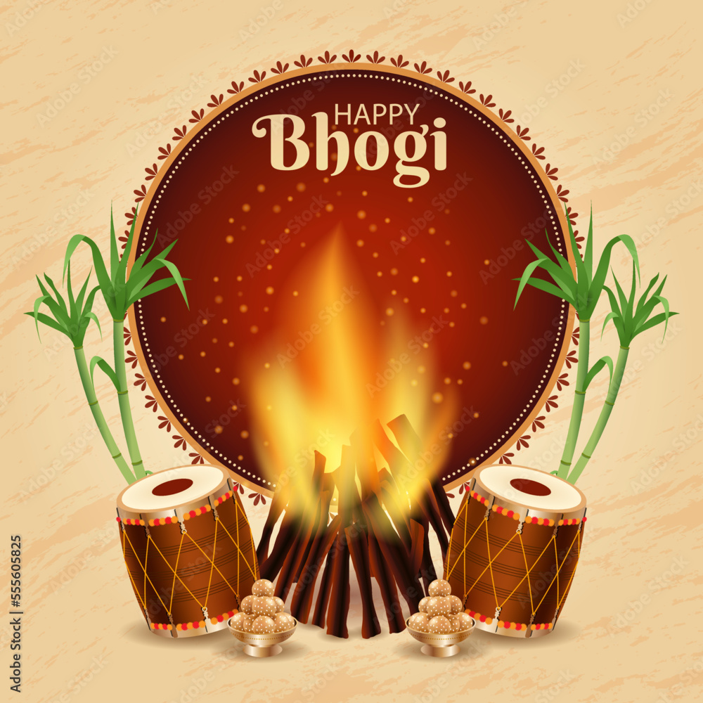Happy Bhogi Pandigai Poster design. Drum, sugarcane, harvest and ladoo ...