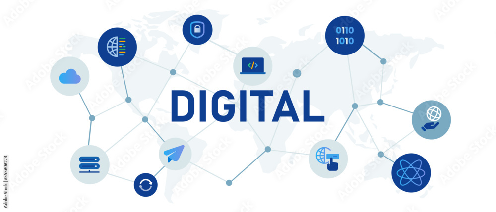 Digital technology bit code concept illustrated interconnected blue ...
