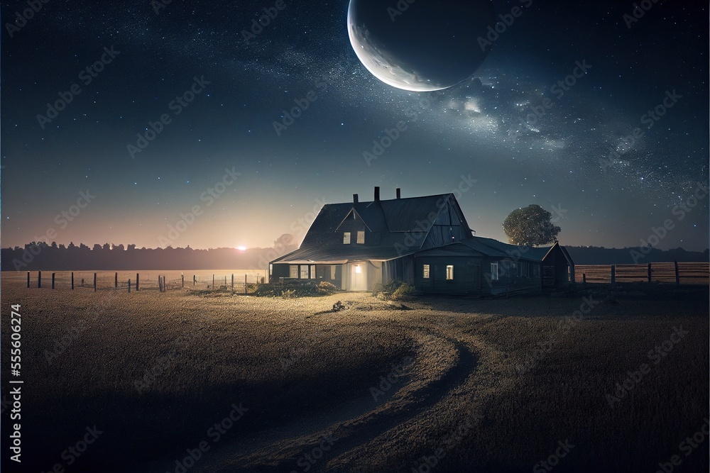 Rural remote farm with Saturn in the night sky, concept art for print ...