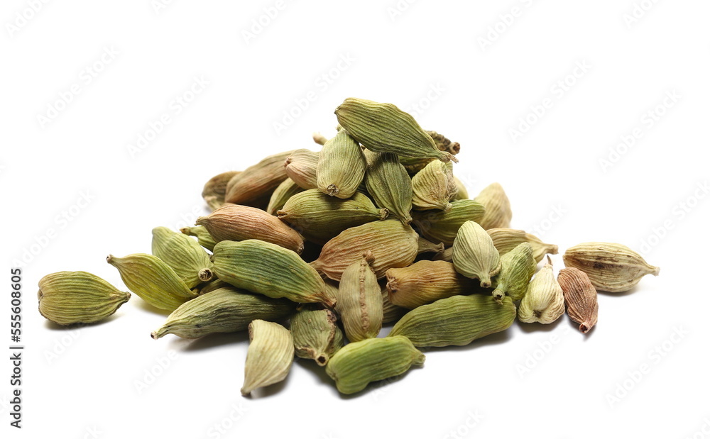 Pods of green cardamom, pile isolated on white Stock Photo | Adobe Stock