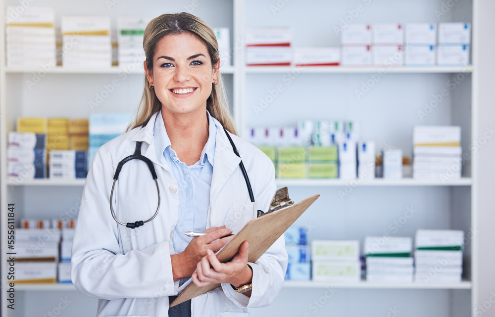 Doctor, pharmacy checklist and employee portrait in pharmaceutical ...