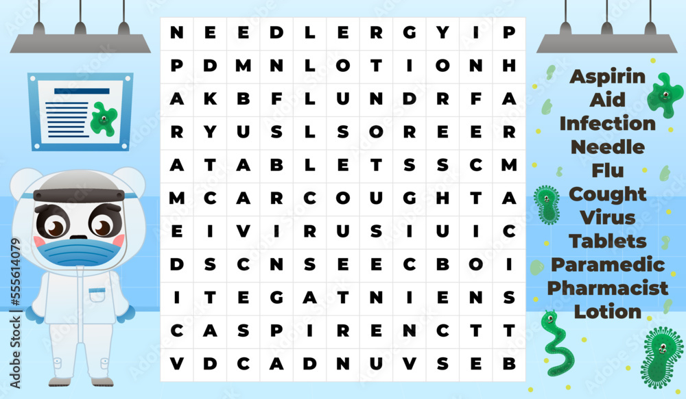 Medical word search game for kids with cute panda doctor in protecting ...