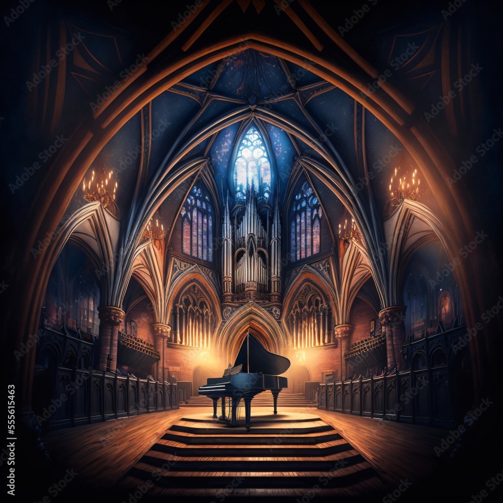 grand piano in a church with warm and cold lights, fantasy cover ...