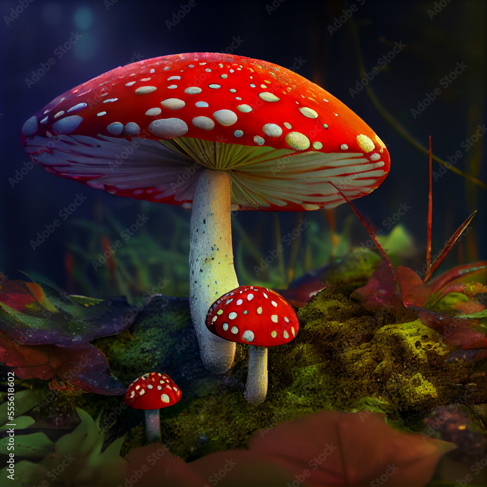 Red toadstool in the forest. Drawing of a poisonous mushroom. Drawing ...