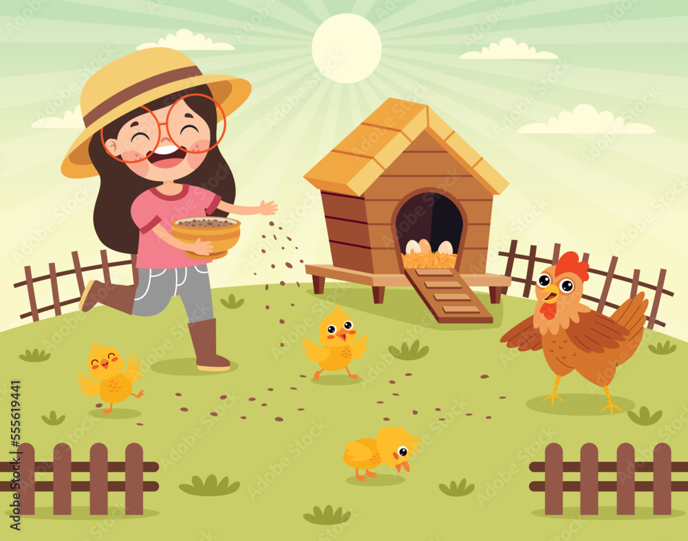 Cartoon Kid Feeding Chicken And Chicks Stock Vector | Adobe Stock
