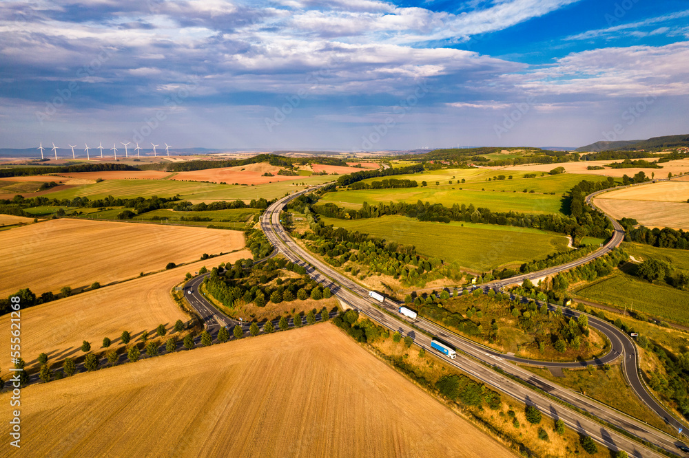 Aerial bird view of typical Ardennes green field meadows and hill ...