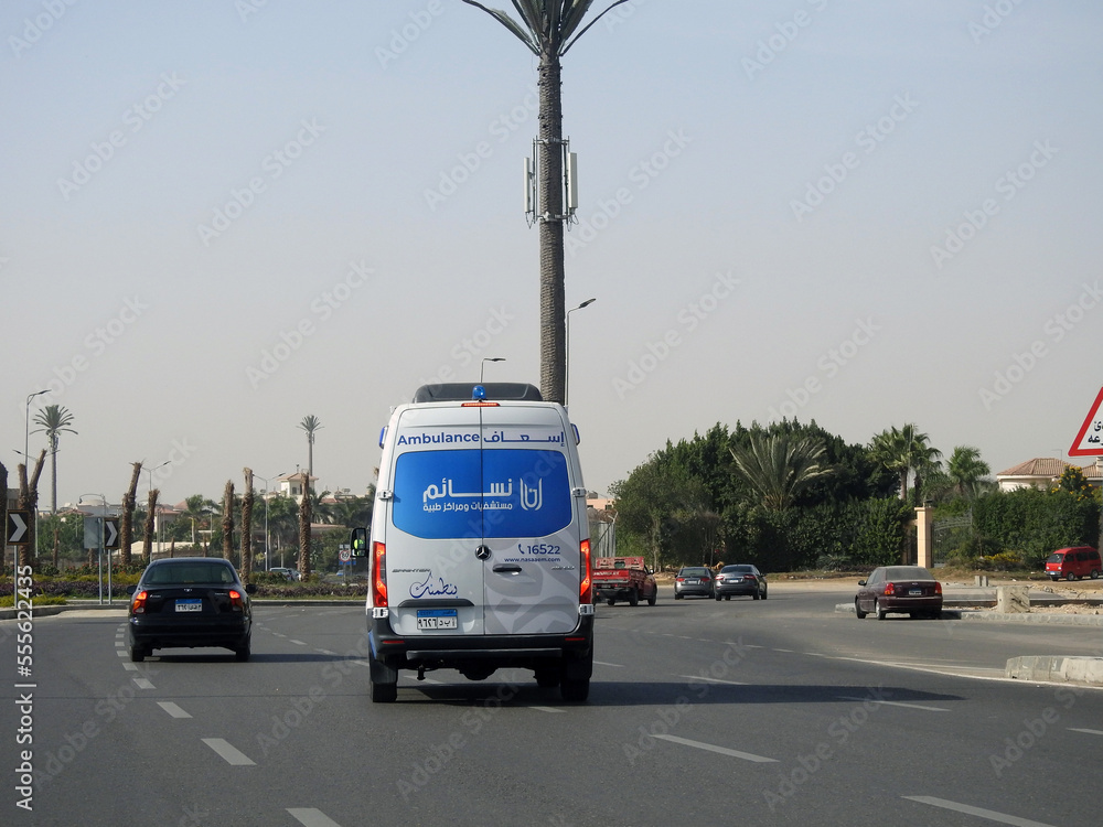 Cairo, Egypt, December 12 2022: An ambulance responding to an emergency ...