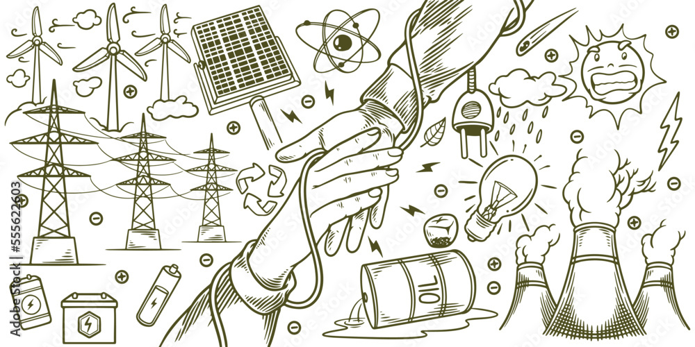 Hand drawn of save earth renewable energy ecology doodle set elements ...