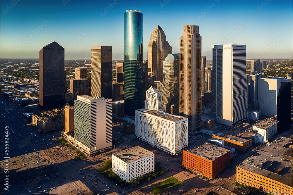 Aerial panorama of downtown Houston skyline as seen from the northeast ...