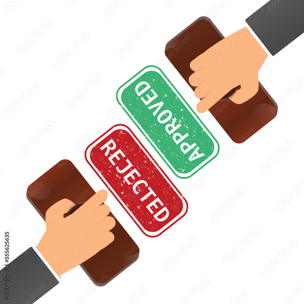 Hands hold rejected and approved claim or credit loan forms, paper ...
