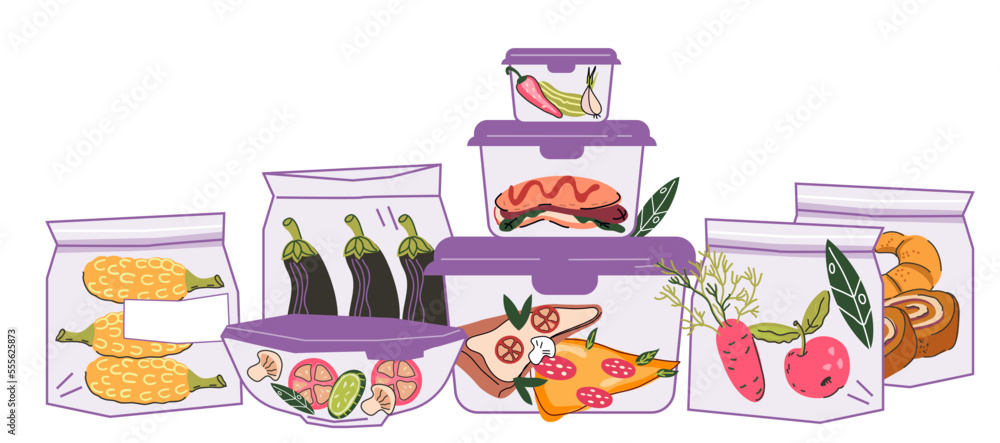 Food storage to reduce food waste concept. Meal leftover packed in ...