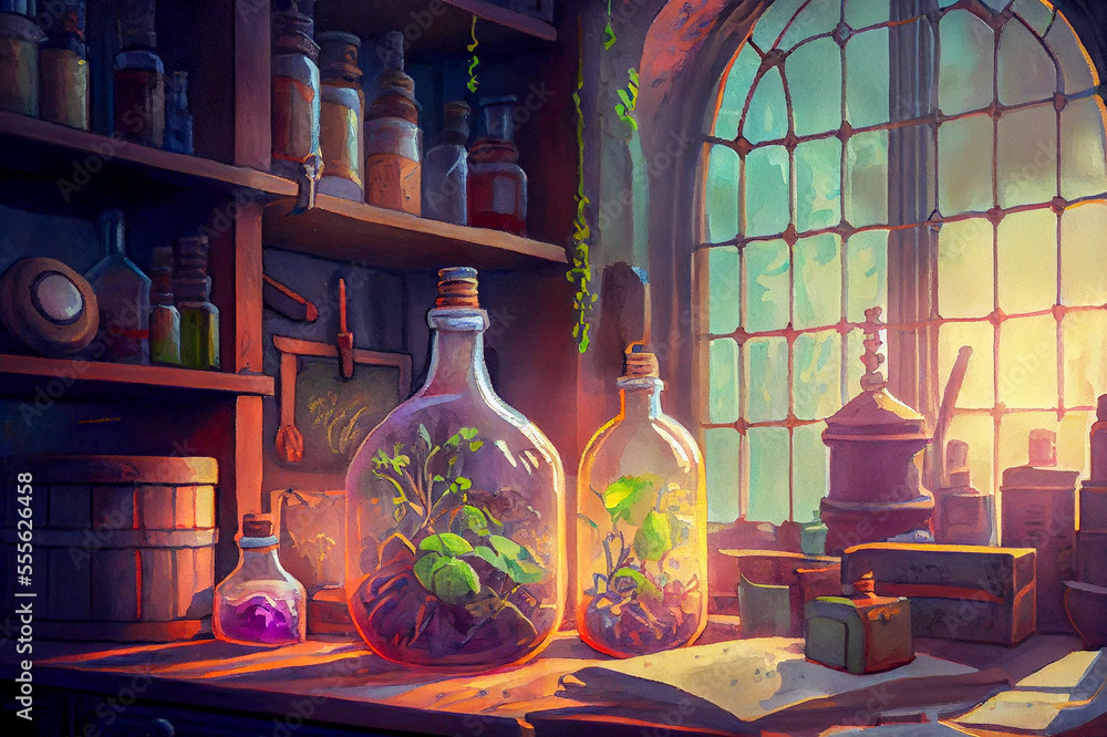 Scientific laboratory. Medieval science laboratory. Fantasy lab with ...