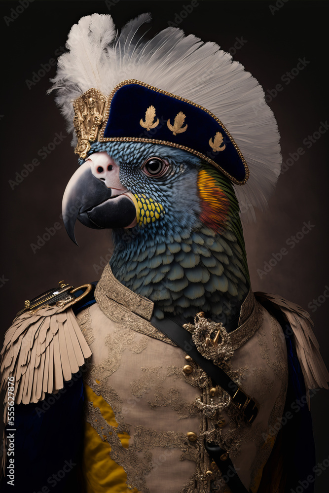 An exotic parrot wearing a traditional military uniform. Pet portrait ...