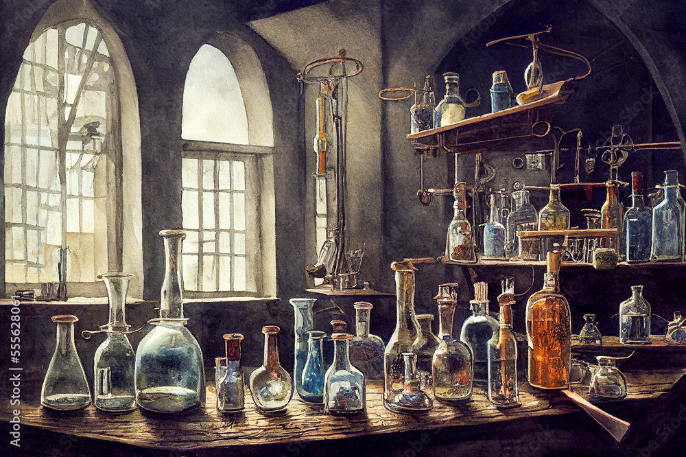 Medieval science laboratory. Fantasy lab with different glassware and ...