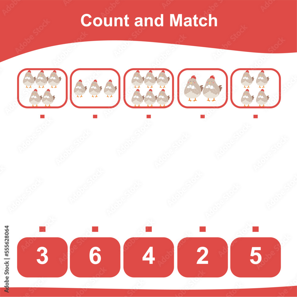 Count and match activity for kids with cute farm animal characters ...