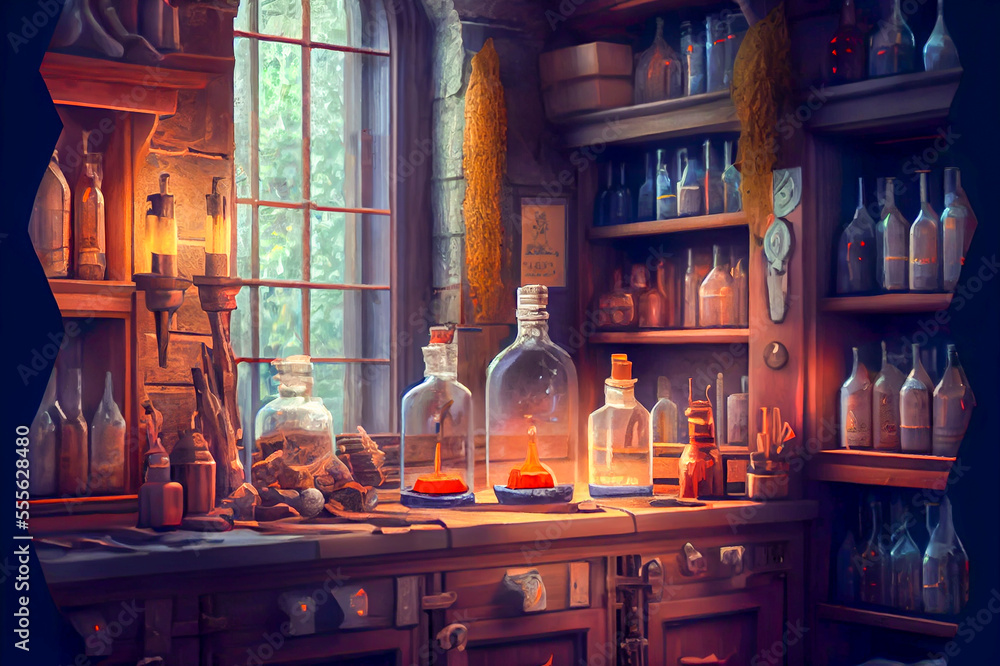 Medieval science laboratory. Fantasy lab with different glassware and ...