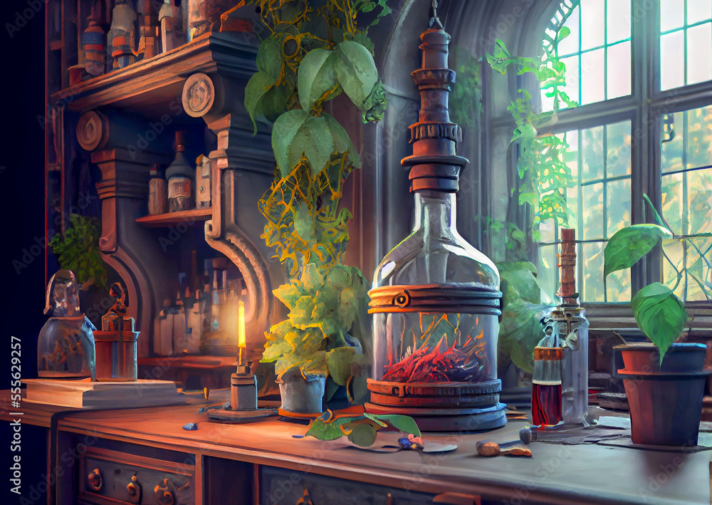 Medieval science laboratory. Fantasy lab with different glassware and ...