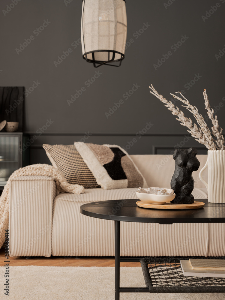 Living room interior with beige modular sofa, black coffee table, rug ...