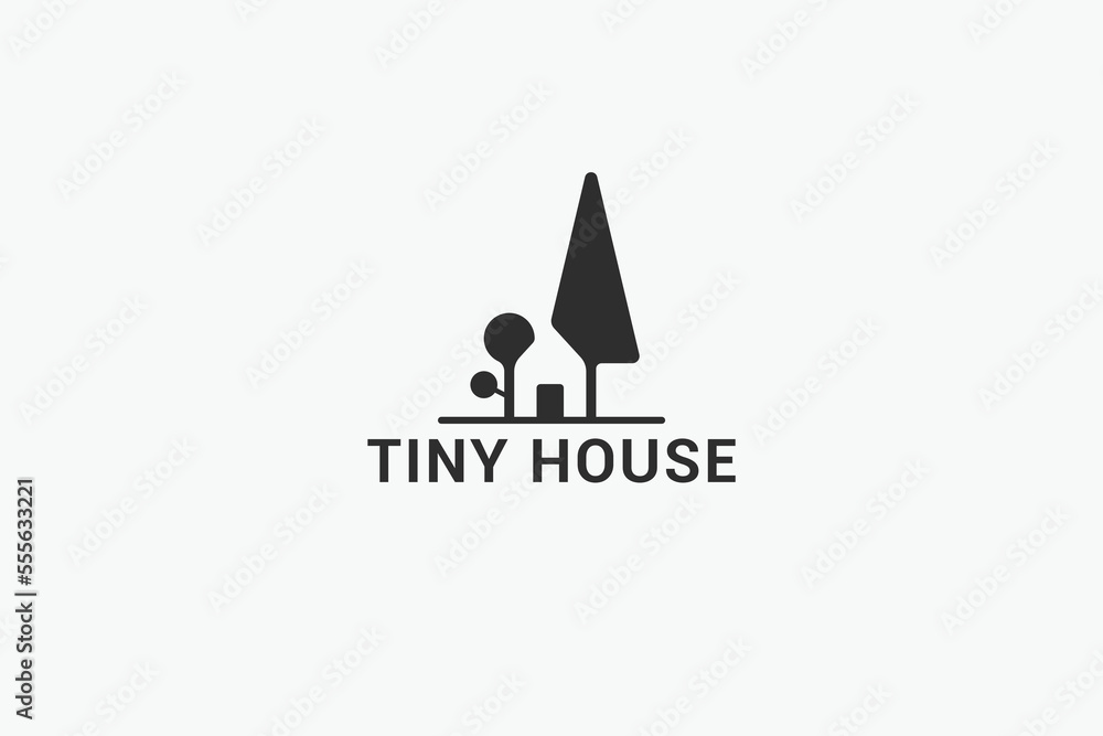 tiny house logo with a combination of a simple tiny house and trees ...