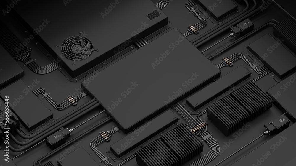 Matte black background with electrical components. Dark technological ...