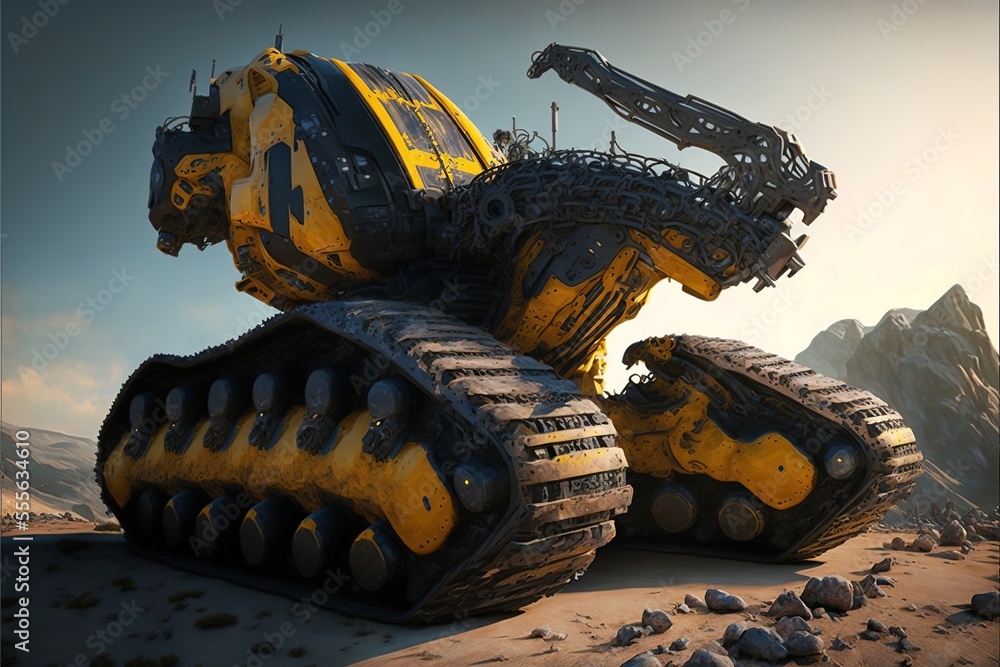 Sci-fi futuristic excavator grabber machine vehicle on an alien planet ...