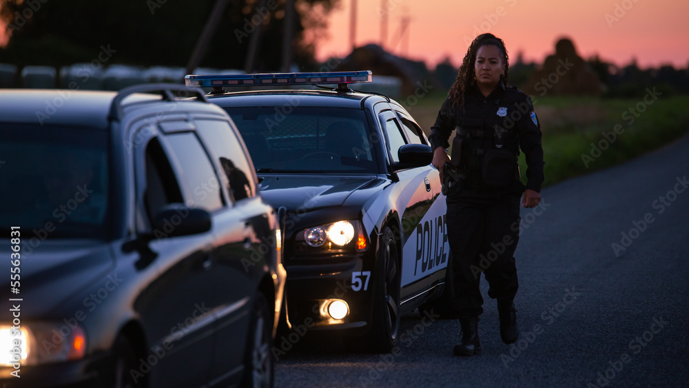Highway Traffic Patrol Car Pulls over Vehicle on the Road. Female ...