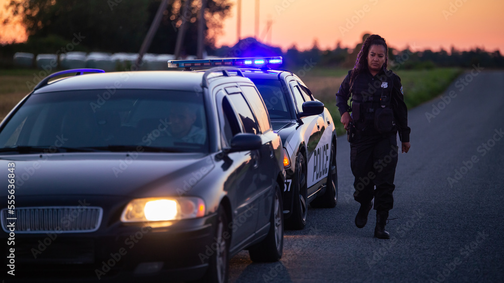 Highway Traffic Patrol Car Pulls over Vehicle on Road. Male Police ...