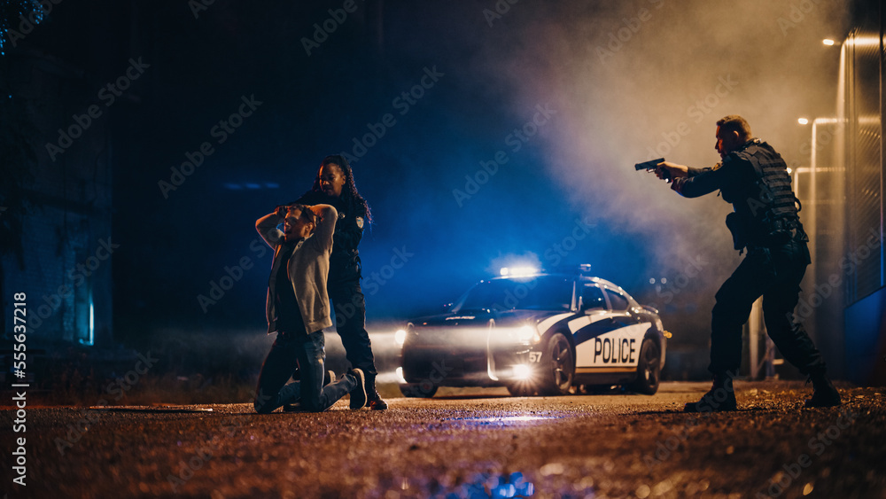 Two Multiethnic Police Officers Aim at a Suspect. Police Using a Weapon ...