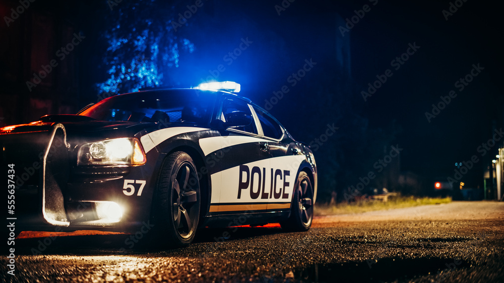 Cinematic Shot Police Car with Working Siren Flashlights Standing in ...