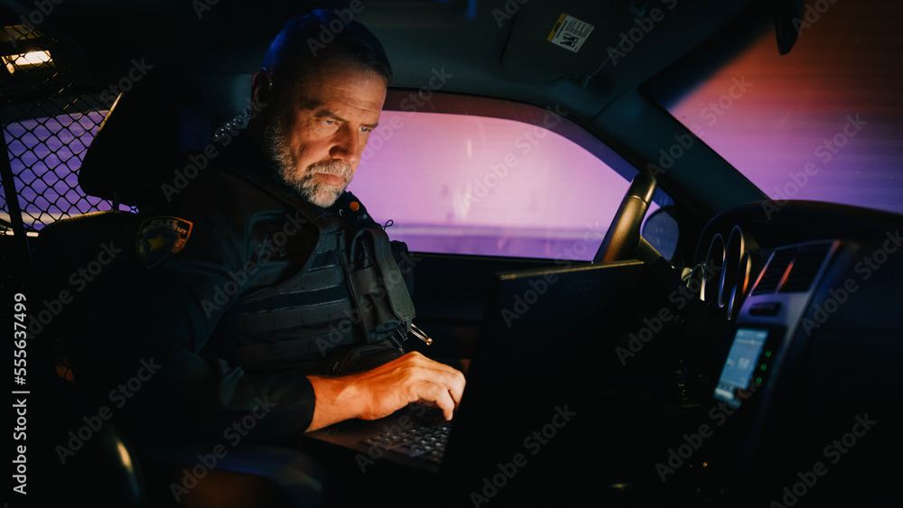 Inside Police Traffic Patrol Squad Car: White Male Police Officer on ...