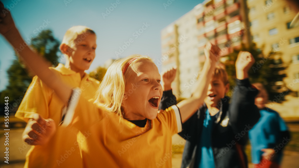 Brave Girl Playing Soccer with Neighborhood Boys. Young Football Player ...