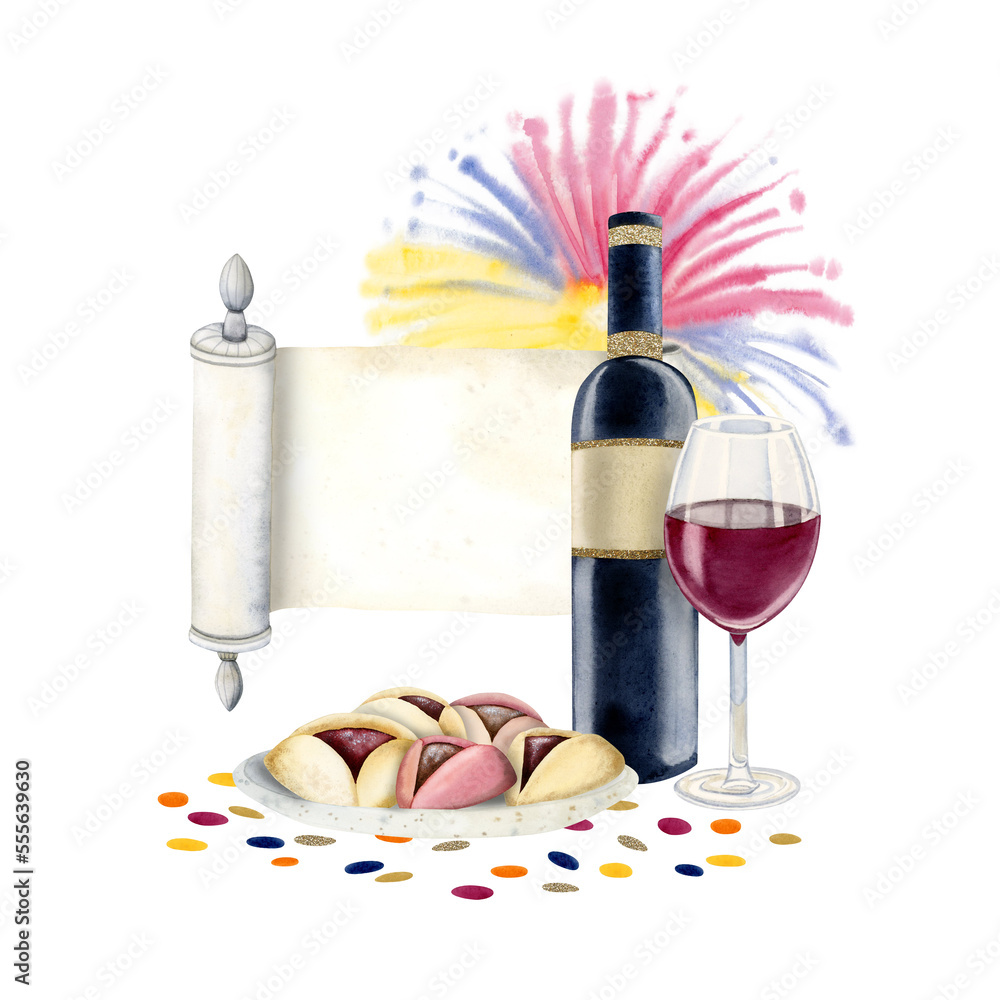 Purim symbols greeting card template with fireworks, Jewish cookies ...