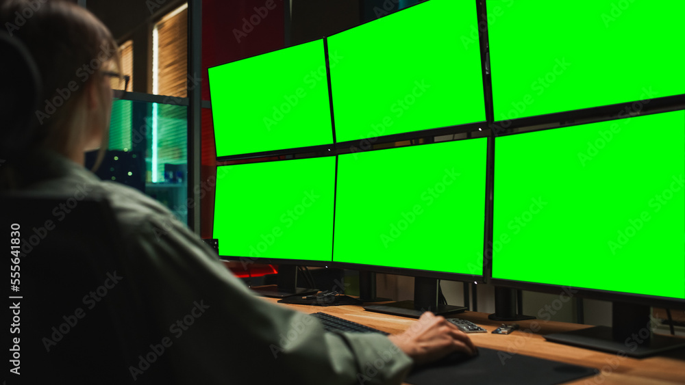 Female Cyber Security Student Coding on Desktop PC With Six Monitors ...