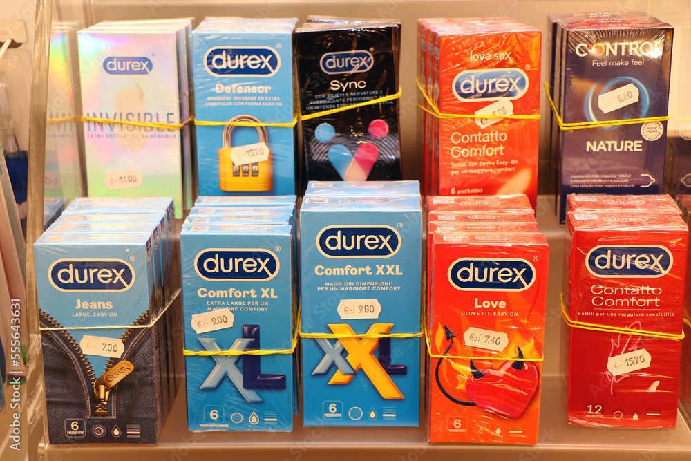 Various types of Durex condoms on sale in an Italian pharmacy. Stock Photo | Adobe Stock