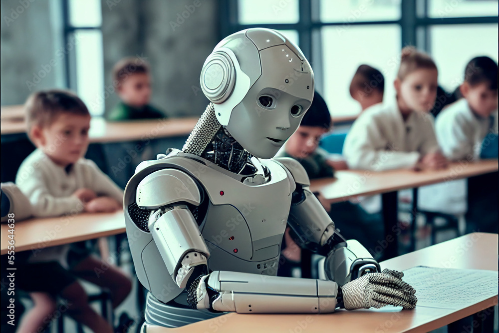 Humanoid robot pupil receiving education in a school classroom with a student lesson about ...