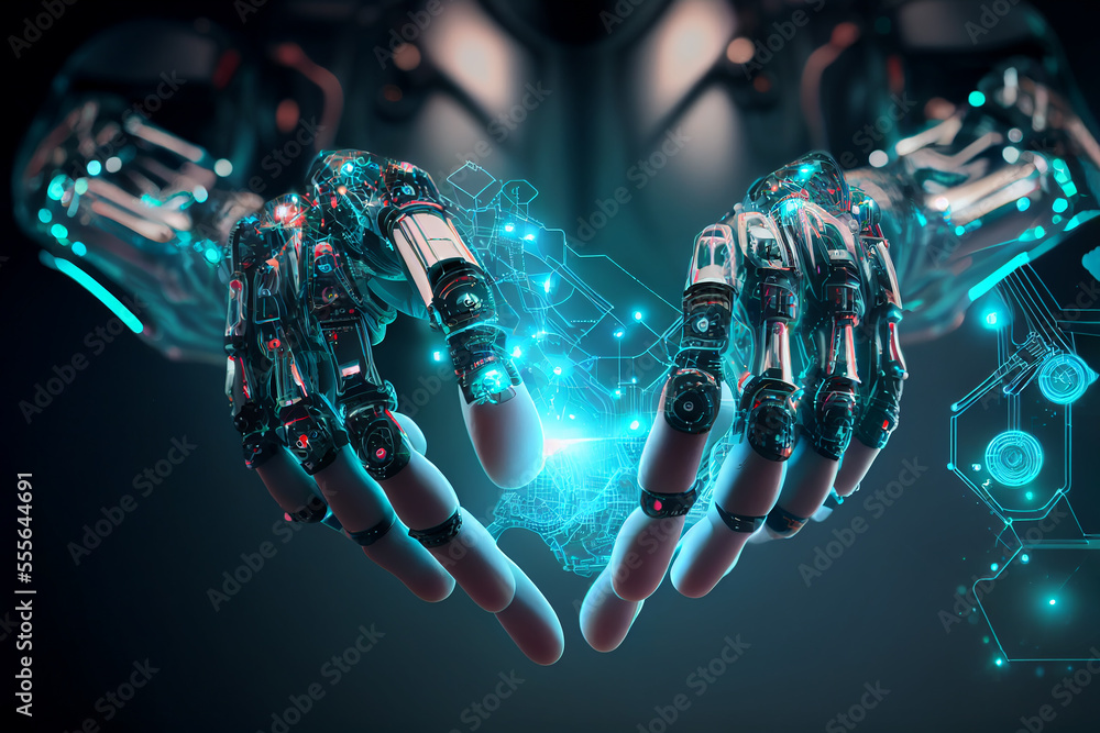 Robot hands with fingers reaching out and touching on a big data ...